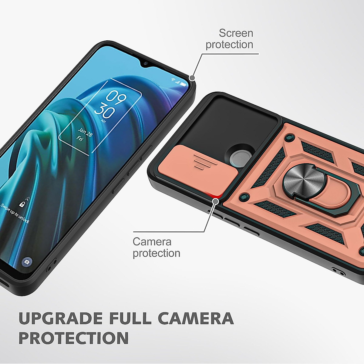 AKINIK for TCL 30 XE 5G Phone Case(Not Fit TCL 30 XL), with Slide Camera Cover and 2pcs HD Screen Protector, 360° Rotation Ring Kickstand [Military Grade] Case (Rose Gold)