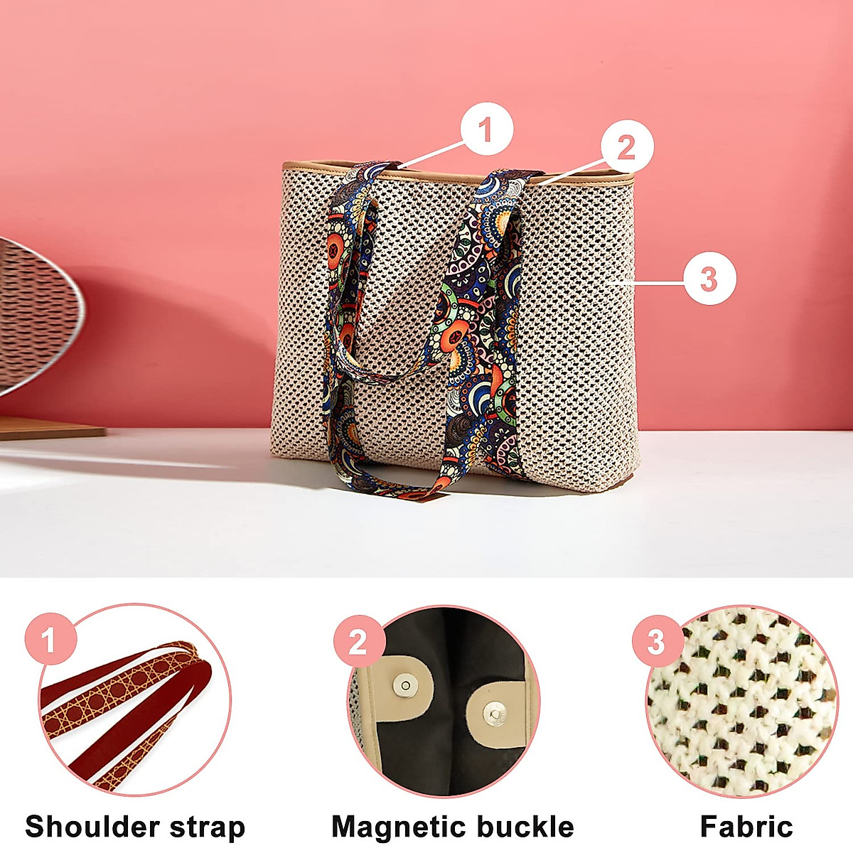 QTKJ Straw Bag, Beach Bags for Women, Soft Woven Beach Tote Canvas Shoulder Strap, Handmade Rattan Handbag for Vacation, Travel and Daily (color)