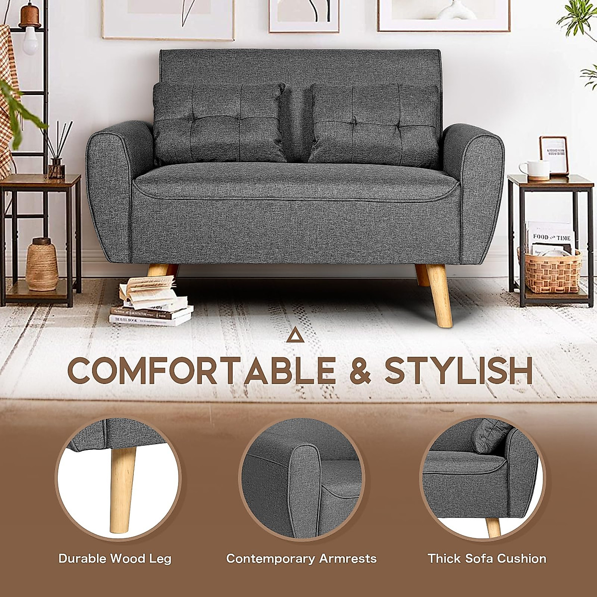 Oakmont 44" Small Modern Linen Fabric Loveseat Sofa, Comfortable and Stylish Love Seat with 2 Pillows and Thick Cushion, Durable Wood Leg Couch for Small Space, Living Room, Bedroom, Apartment (Grey)
