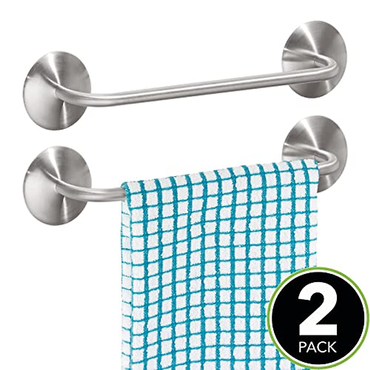 mDesign Decorative Metal Small Towel Bar - Strong Self Adhesive - Storage and Display Rack for Hand, Dish, and Tea Towels - Stick to Wall, Cabinet, Door, Mirror in Kitchen, Bathroom - 2 Pack - Brushed
