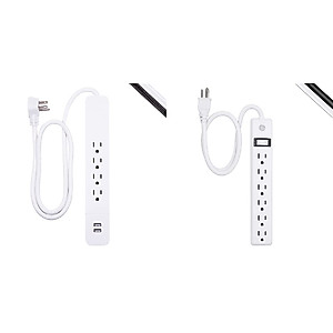 GE Home Electrical GE 6-Outlet Surge Protector, 10 Ft Extension Cord, Power Strip, 600 Joules, Flat Plug, Twist-to-Close Safety Covers, Protected Indicator Light, UL Listed, Black, 54646 (Pack of 2)