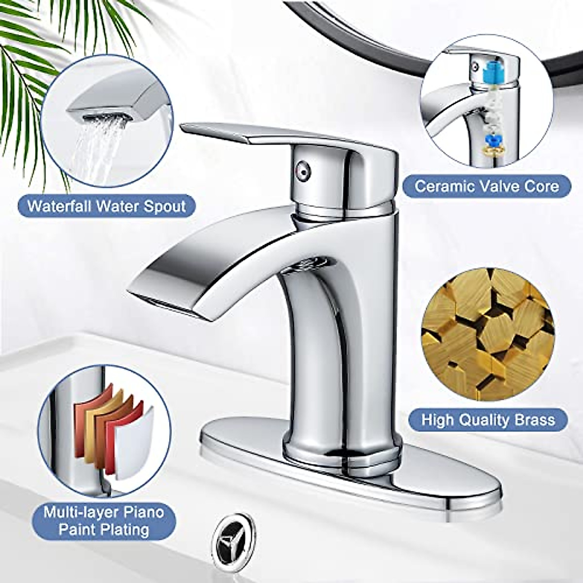 Solepearl Waterfall Bathroom Faucet Chrome, Modern Single Handle Single Hole Bathroom Sink Faucet Flat Spout, 1 or 3 Holes Lavatory Basin Vanity Commercial Solid Brass Faucet with Deck Plate