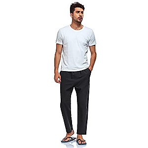 sherelie Men's 100% Cotton Ankle Pants Drawstring Linen Like Pants 4 Pockets Pull-On Pants Lounge Casual Summer Beach Trousers, Black, XL
