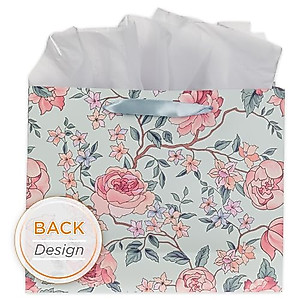 Christian Art Gifts Large Landscape Gift Bag for Moms w/Greeting Card & Tissue Paper Set: More Precious Than Rubies - Prov. 3:15 Inspirational Bible Verse for Mother's Day, Birthdays, Blue/Pink, Large