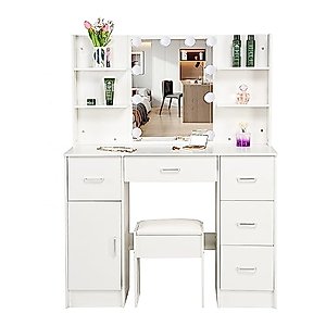 Dradaomull Large Makeup Vanity Desk with Lights, 3 Lighting Colors, 42.9''L Vanity Set Makeup Table with 5 Drawers, 6 Open Storage Shelves and cabinets for Women Girls Bedroom White