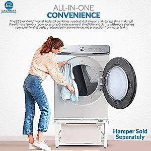 EZ Laundry | Upgraded 28” Universal Pedestal – 700lbs Capacity, Raises 16” with Built-in Drain Pan + Hose, Adjustable Feet, Anti-Vibration & Storage Shelf fits 27" or 28" Washer & Dryer (White)