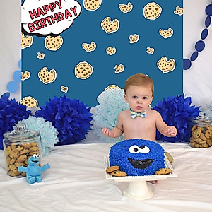 Rcoaror Cookie Birthday Backdrop Blue Monster 1st Birthday Party Background Our Little Cookie is Turning One Banner Kids Boys Cake Table Decorations Cookies and Milk Props 71X47inch