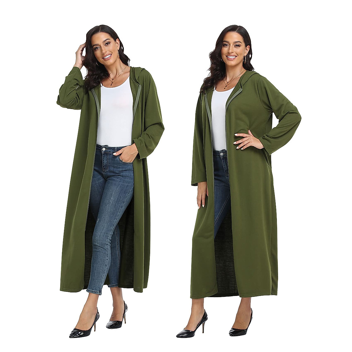 Women's Zip Up Robes Hooded Long Housecoat Sweatshirt Full Length Bathrobe Long Sleeve Loungewear with Pockets, Army XXL