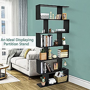 Tangkula 6 Tier S Shaped Bookshelf, 31.5''L x 9''W x 75''H, Wooden Bookcase and Bookshelves w/Anti-Toppling Device, Room Divider Display Shelves for Living Room, Home Decor, 6 Shelf Bookshelf
