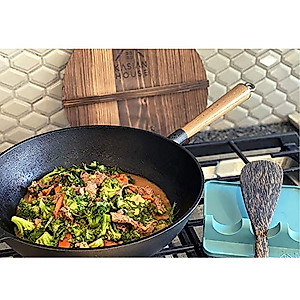 Kasian House Cast Iron Wok with Wooden Handle and Lid, Pre-Seasoned, 12" Diameter Chinese Wok with Flat Bottom, Heavy Duty Stir Fry Pan