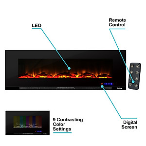 e-Flame USA Livingston 60-inch Wall Mount LED 3-D Electric Fireplace Stove with Timer and Remote - 3-D Log and Fire Effect