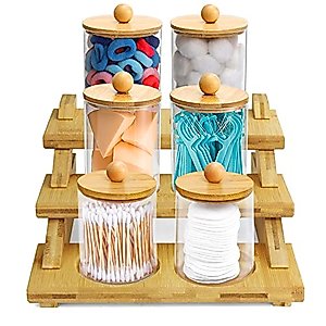 FTUREERA Qtip Holder Storage Organizer, 3 Layer Cotton Ball Holder Apothecary Jars Storage Rack for Bathroom，Suitable for 6 Pack Bathroom Jars up to 2.8 Inches in Diameter