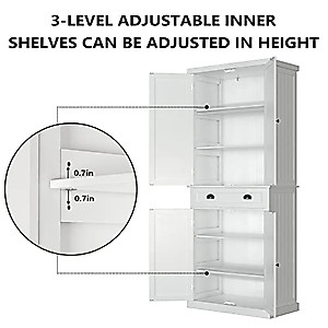 Yusong 72'' Tall Kitchen Pantry Cabinet, Farmhouse Storage Cabinet with 4 Doors, Drawer and Adjustable Shelf, Freestanding Wooden Cupboard Buffet for Home Dining Room Living Room Entryway, White