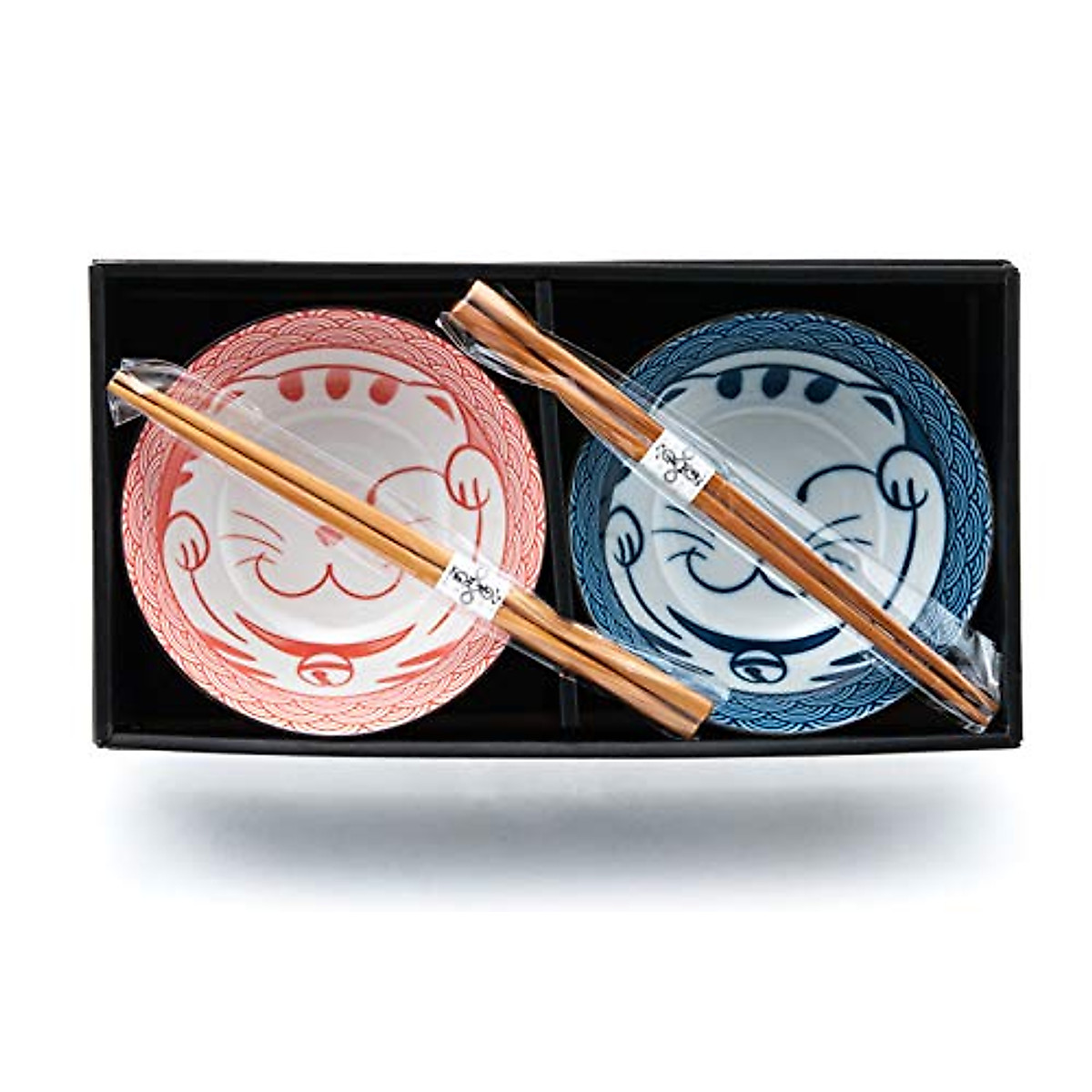 Fuji Merchandise Japanese Porcelain Multi Purpose Tayo Bowl Maneki Neko Lucky Cat Meow Design Set of 2 with Chopsticks Gift Set Made In Japan