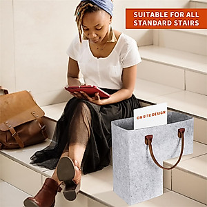 Levier Stair Basket with Leather Handles,Eco-Friendly Premium Felt Staircase Baskets for Carpeted and Wooden Stairs,Stair Step Storage Organizer for Home and Office Decor (New Light Grey)