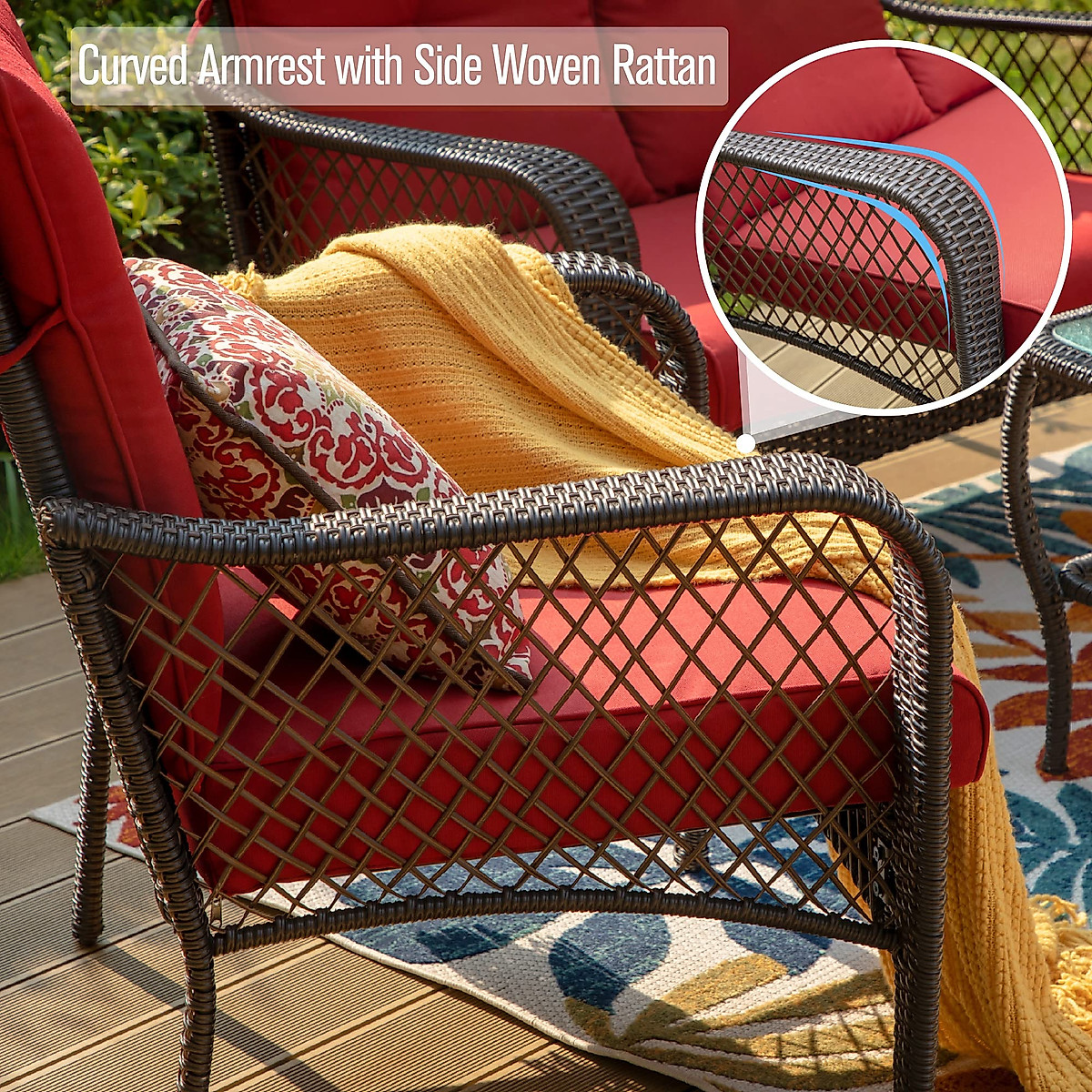 PHI VILLA 4 Piece Outdoor Wicker Patio Furniture Sets Clearance, Patio Wicker Conversation Sets All Weather Rattan Wicker Sofa with Cushions for Garden Lawn Deck, Brown & Red