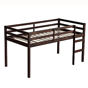 Low Loft Bed Twin Size, Kids Loft Bed with Stairs, Wooden Loft Bed Frame for Kids Boys Girls Toddler, Rubber Wood, Strengthened Slats, Noise Free, Easy Assemble (Espresso)