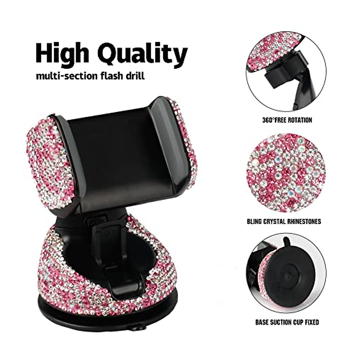 Amiss Universal Bling Cell Phone Holder, 360°Adjustable Car Phone Mount with One More Air Vent Base, Crystal Car Interior Decoration, for Windshield, Dashboard and Air Vent (Pink & White)