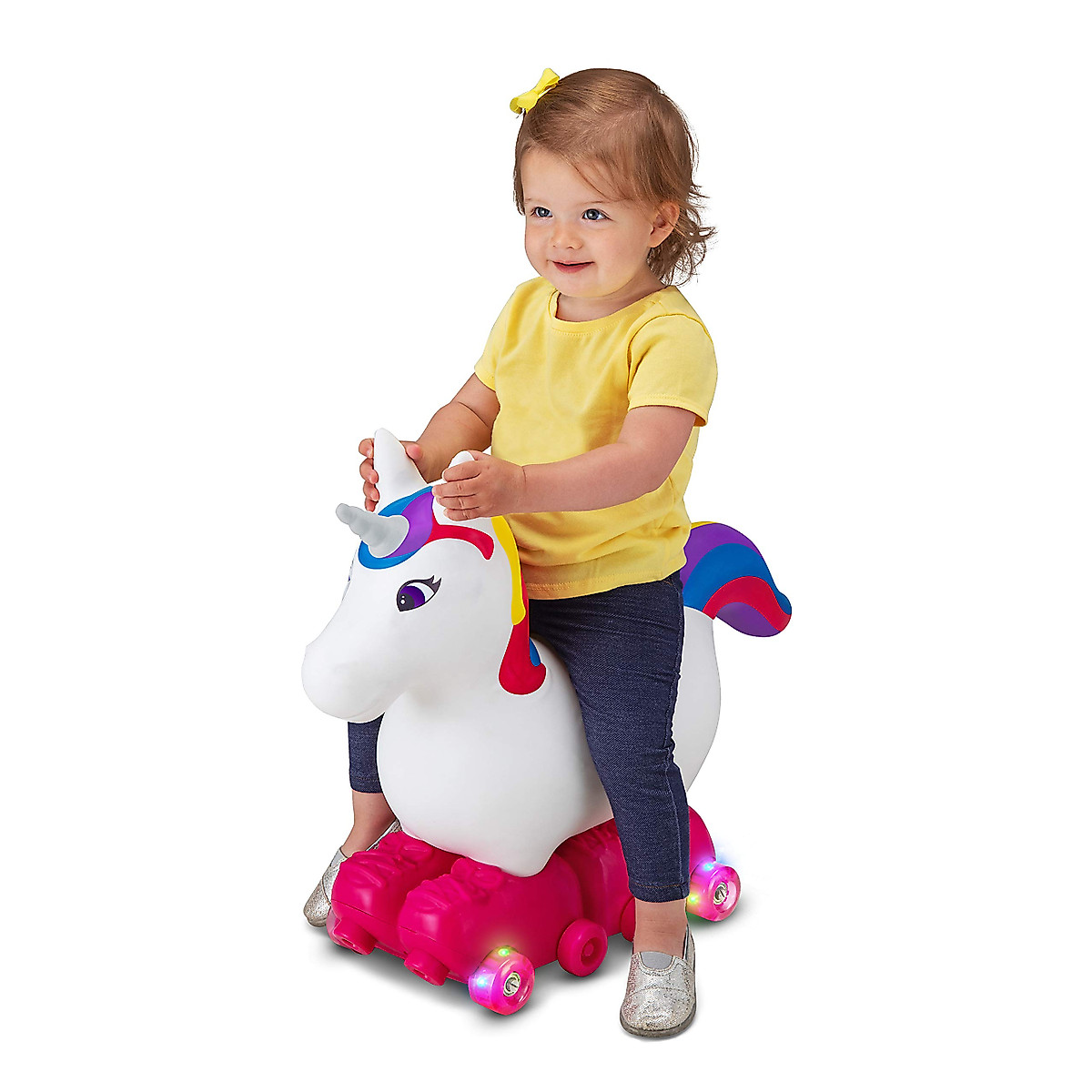 Kid Trax Silly Skaters Unicorn Toddler Foot to Floor Ride On Toy, Kids 1-3 Years Old, Soft and Inflatable, Single Rider, Light Up LED Rollerskates, White (KT1590)