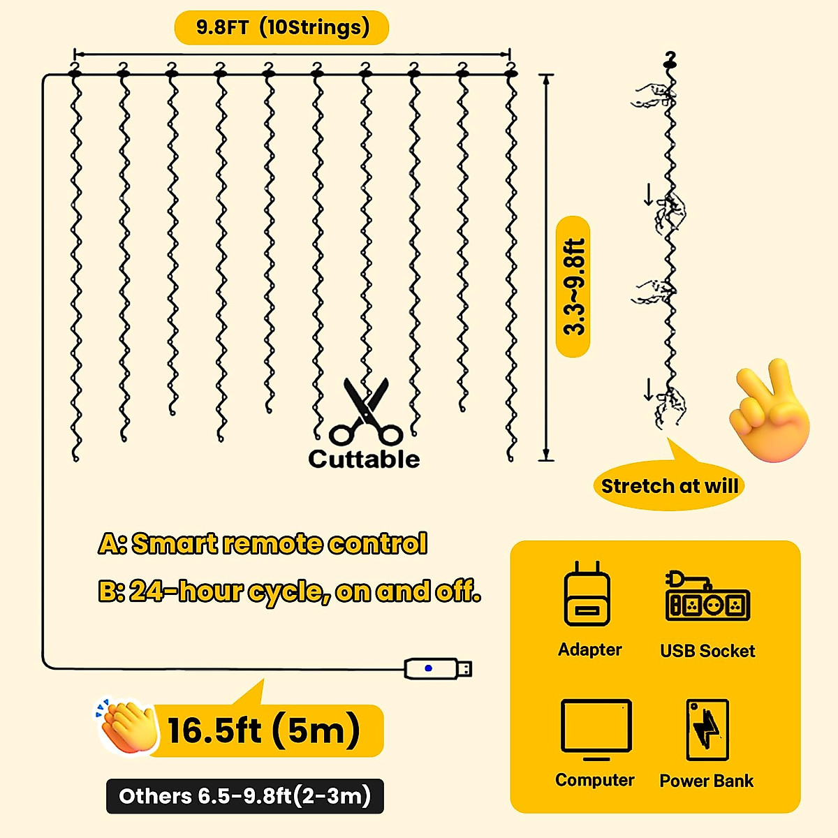HXWEIYE 300LED Fairy Curtain Lights, USB Plug in 8 Modes Christmas Fairy String Hanging Lights with Remote Controller for Bedroom, Indoor, Outdoor, Weddings, Party, Decorations（9.8x9.8Ft, Warm White）
