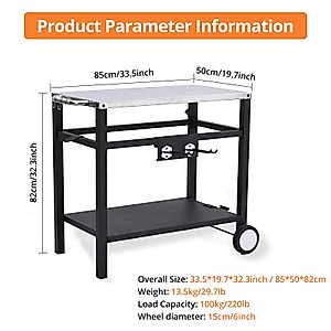 Dining Cart,Outdoor Grill Cart,Stainless Steel,with 4 Hooks, Double-Shelf,Side Handle,Wheels,Cooking Table for Outdoors, Kitchen or Backyard, Movable BBQ Trolley,Multifunctional and Commercial