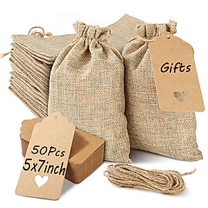 Acrux7 50 PCS 5 x 7 inch Burlap Gift Bags, Small Burlap Bags with Drawstrings, Tags and String, Burlap Sacks, Burlap Wedding Favor Bags, Jute Gift Bags for Storing Small Gifts, Jewelries, Candy