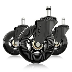 HT PETTER Office Chair Wheels, Universal Rubber Steel Chair casters, 3 inch Heavy-Duty casters,100% No Scratches, Suitable for All Floors, Including Hardwoods and Carpets,Set of 5