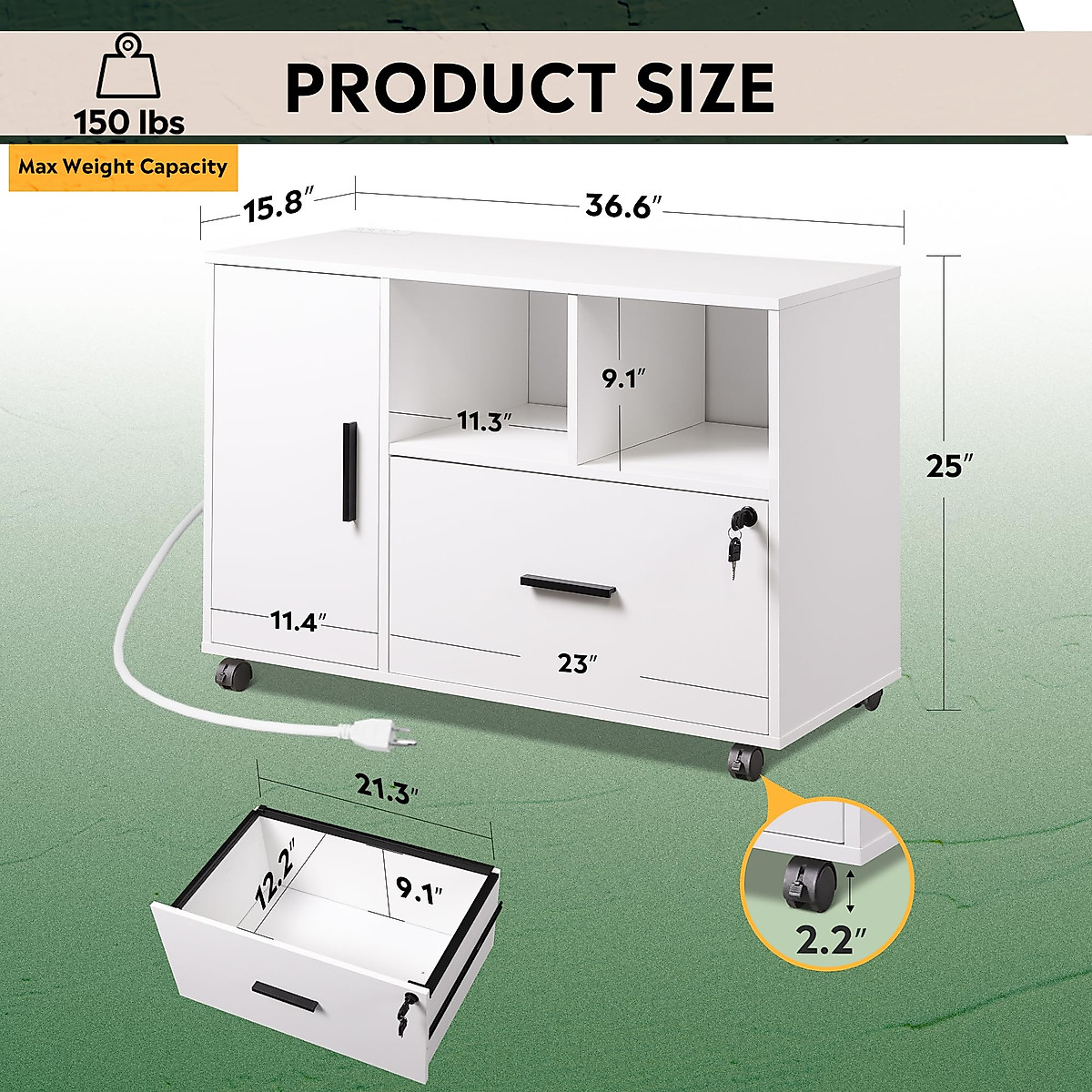 DEVAISE File Cabinet with Charging Station, 1-Drawer Lateral File Cabinets with Lock for Home Office, Wooden Rolling Printer Stand with Shelves, White