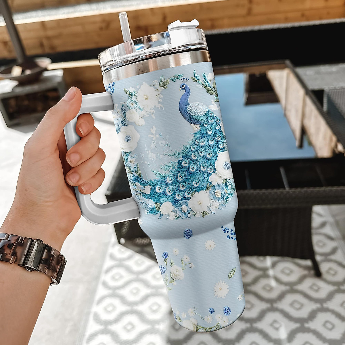 Hyturtle Personalized Floral Peacock 2D Print Tumbler - Peacock Gifts For Women - Animal Present For Peafowls Lover Her - Mothers Day Present For Mom - Custom Travel Coffee Cup 40 oz With Lid Straw