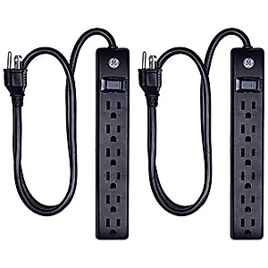 GE 6-Outlet Surge Protector 2 Pack, 3 Ft Extension Cord, Power Strip, 450 Joules, On/Off Switch, Integrated Circuit Breaker, Heavy Duty, Warranty, UL Listed, Black, 83969
