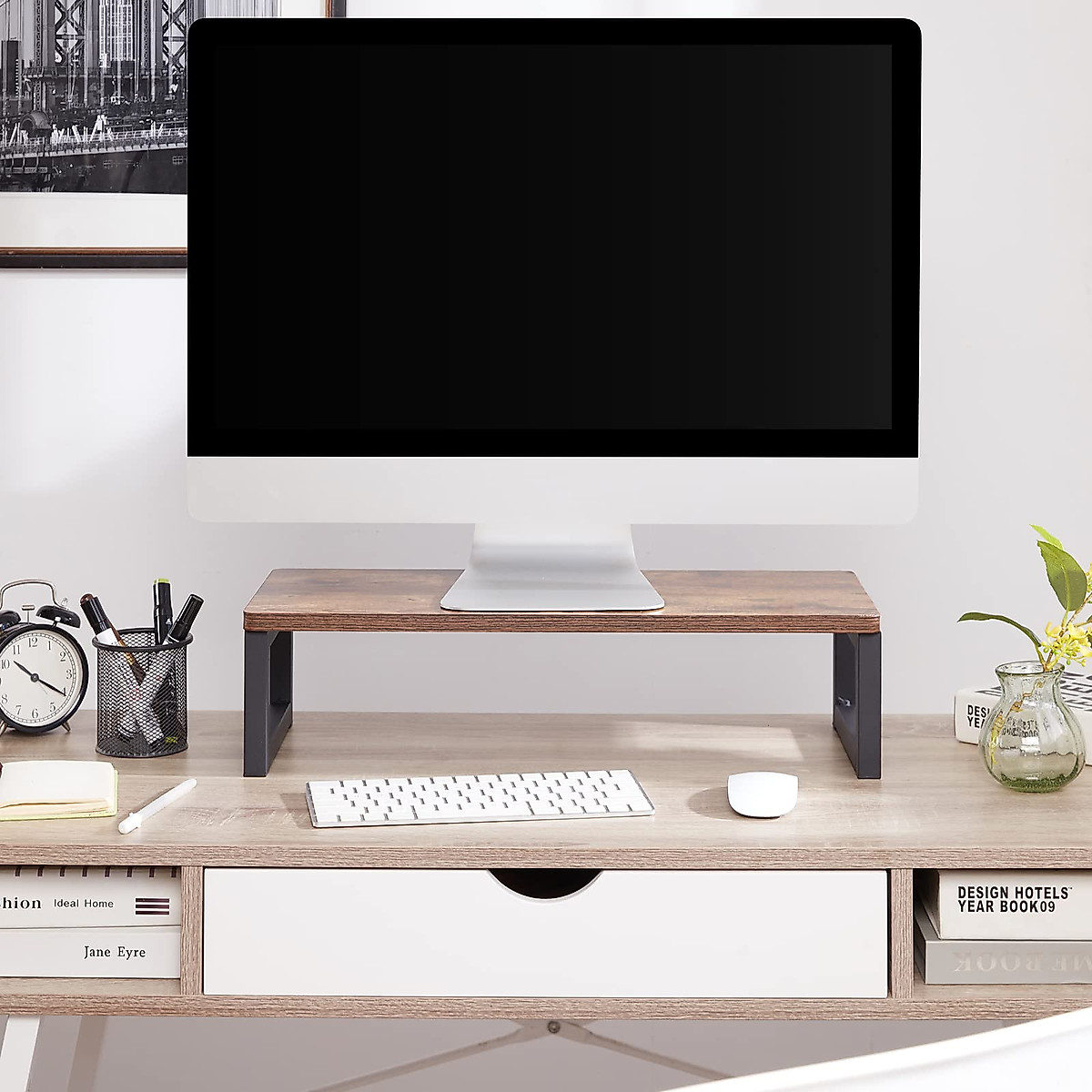 JAWNLITY Multi-Purpose Computer Monitor Stand Riser, Extra Long Wood Desktop Organizer Shelf for Laptop and Computer Screen, 21.6’’L X 9’’W X 5.5’’H, Rustic Brown