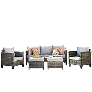 ovios Patio Furniture Set, 5 Pieces Outdoor Wicker Rattan Sofa Couch with Ottomans and Comfy Cushions, All Weather High Back Conversation Set for Backyard Porch Garden, Grey
