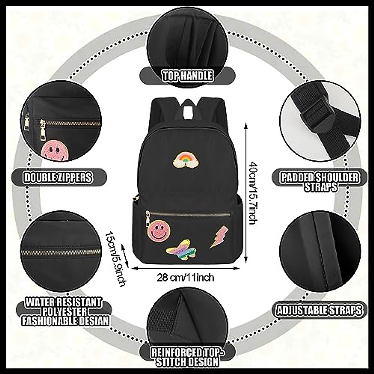 Sotiff Lightweight Backpack Preppy Patches Nylon Backpack Rainbow Heart Smile Waterproof Travel Bag Pack (Black)