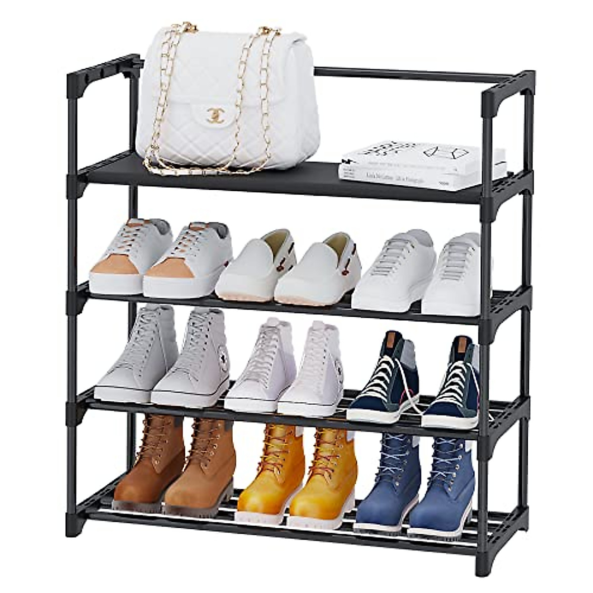 Calmootey 4-Tie Shoe Rack,Shoe Shelf Storage Organizer,Entryway,Bedroom,Black