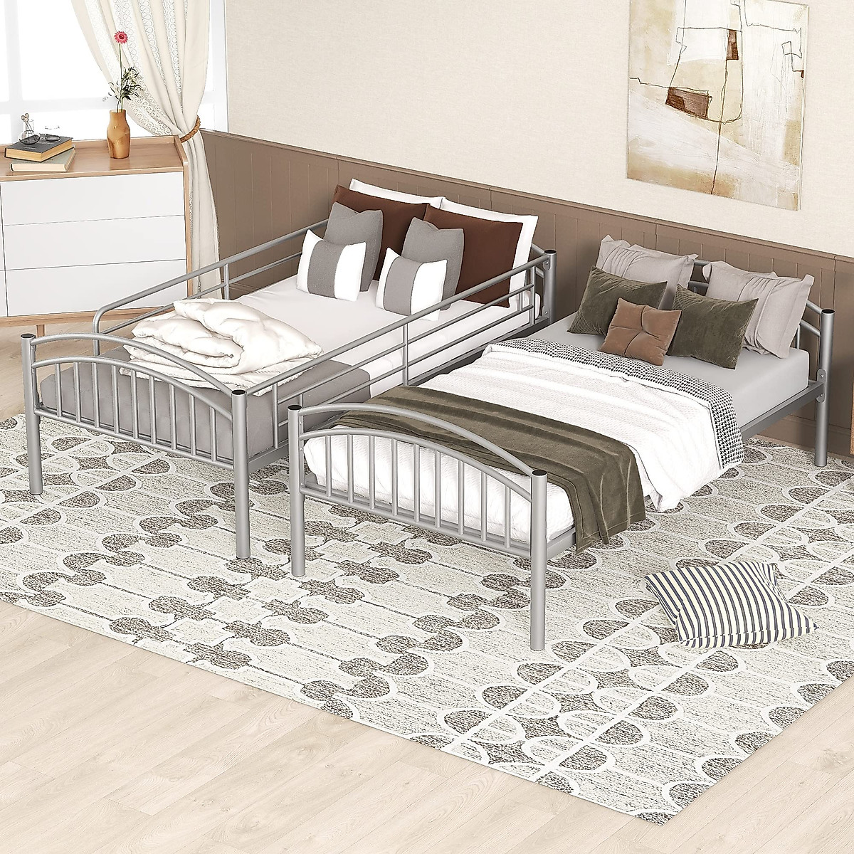 Twin Over Twin Metal Bunk Beds, Convertible Bunk Bed Divided into Two Beds for Kids Boys Girls Teens, Silver