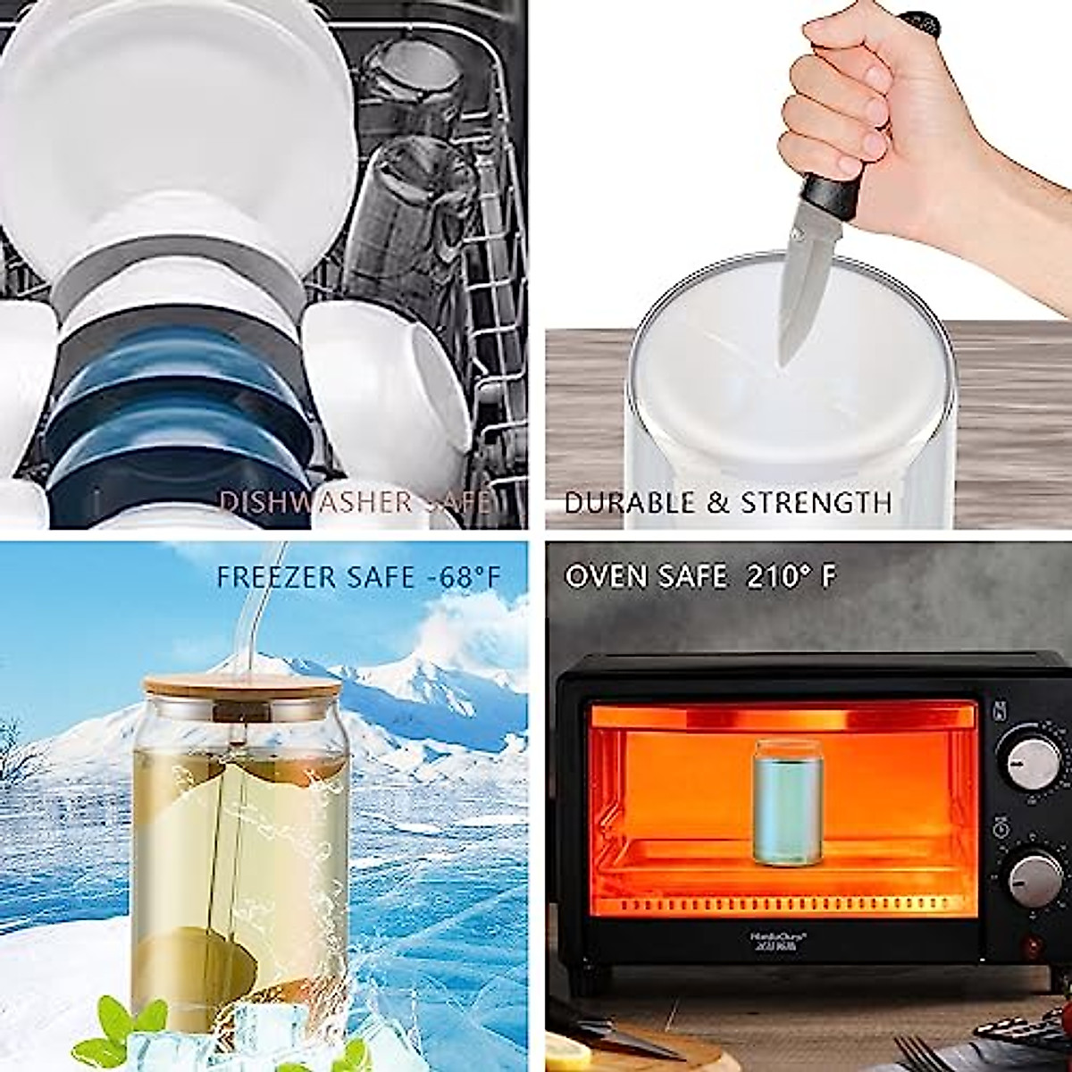 HUAHANGNA Cute Coffee Cups With Glass Straw 24OZ - Large Glass Drinking Jar, Bamboo Cups with Lids and Straws, Sublimation Glass Blanks, Boba Cup Ideal for Water, Juice, Beer, Smoothies…