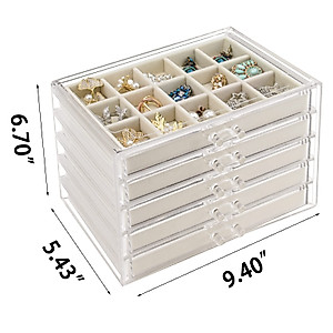 Watpot Acrylic Jewelry Box with 5 Drawers, Clear Earring Storage Organizer Display Case for Women Girls, Beige