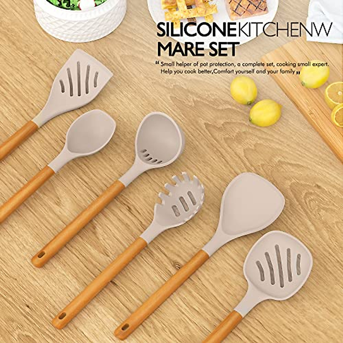 Large Silicone Cooking Utensils Set - Heat Resistant Silicone Utensils for Cooking w Long Wooden Handles, Kitchen Utensil Spatula Set, Kitchen Gadgets for Non-Stick Cookware, BPA Free(Khaki)