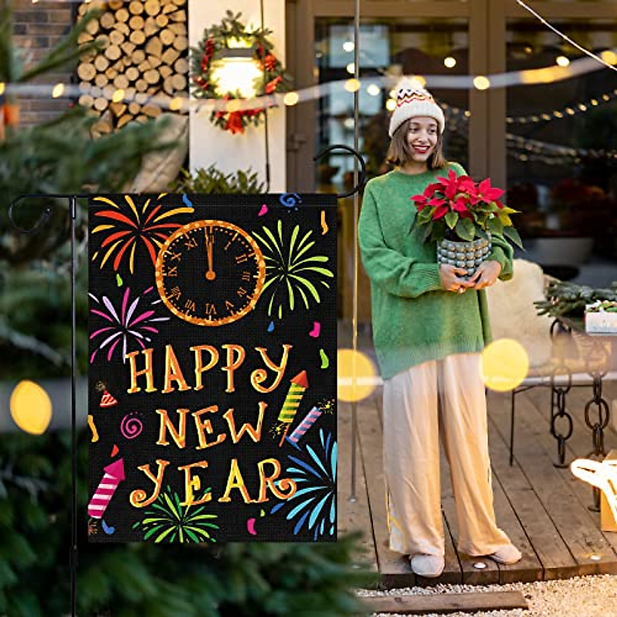 Heyfibro Happy New Year Garden Flag Cheers Celebrate New Year Count Down Yard Flags 12x18 Inch Double Sided Burlap Firework Celebration Banner for Winter Holiday Party Yard Outdoor Decoration(ONLY FLAG)