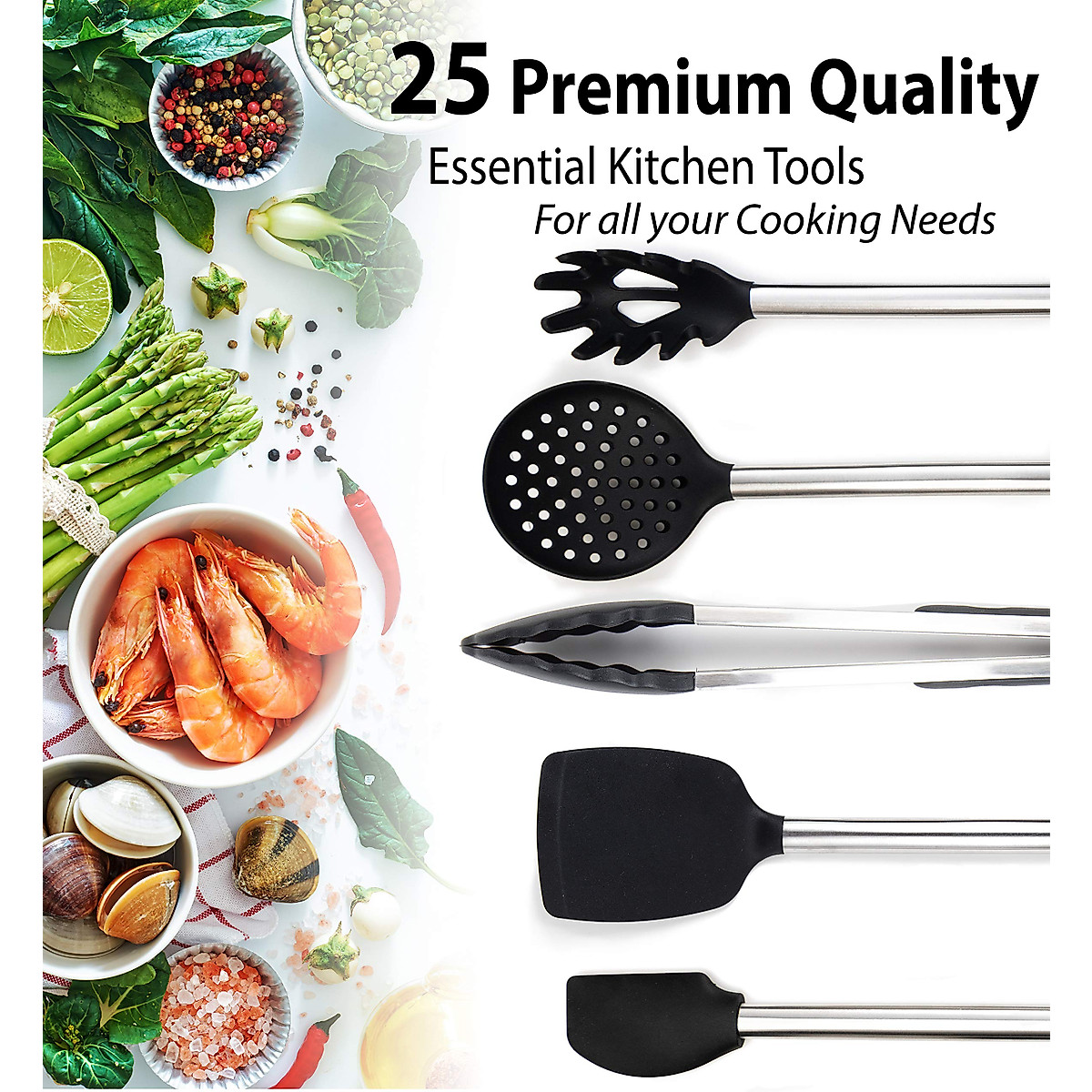 Kitchen Cooking Utensils Set Silicone with Stainless Steel handle Includes Cooking Spoon Spatula Tong Turner Whisk Ladle For Nonstick Cookware Dishwasher Safe BPA-Free