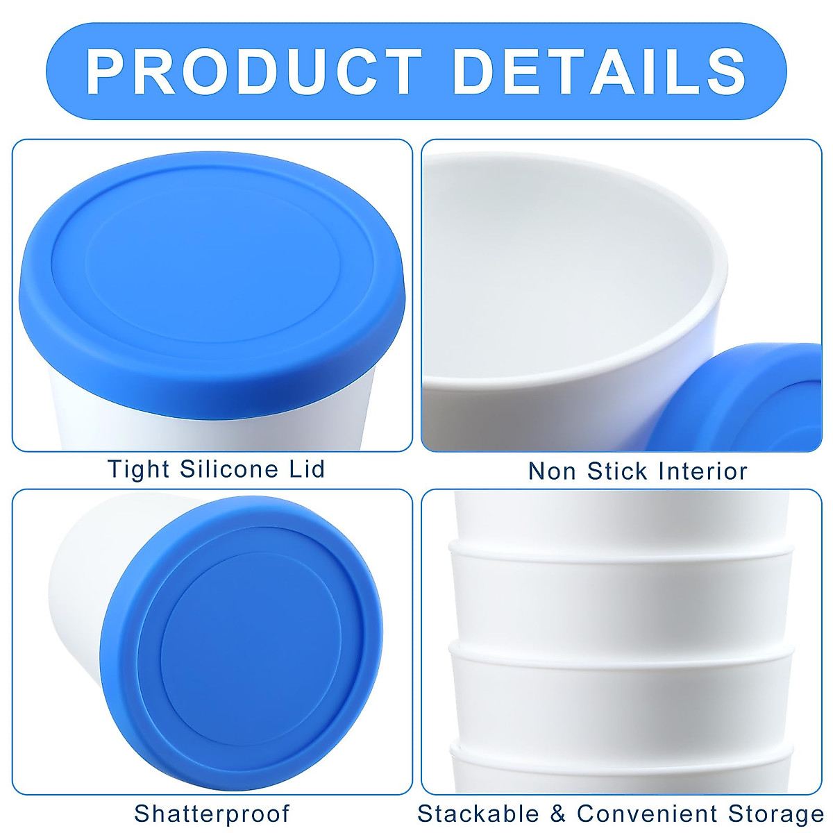 Uiifan 8 Pcs 1 Qt Ice Cream Containers for Homemade Ice Cream Reusable Ice Cream Storage Containers with Silicone Lids for Freezer, Freezer Containers Tubs for Ice Cream Sorbet and Gelato Storage