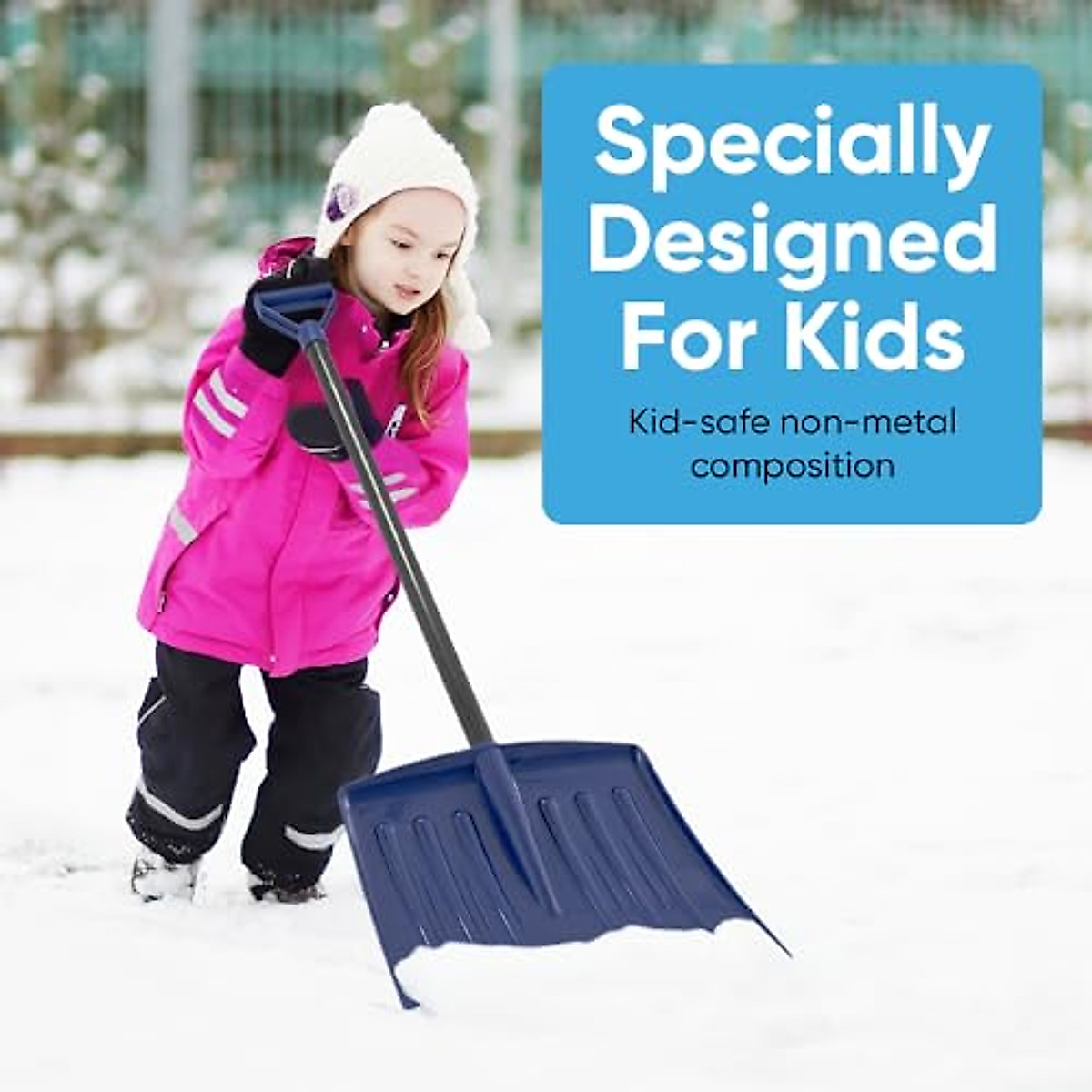 Superio Kid Snow Shovel with Metal Handle, Navy Blue Durable Shovel for Snow, Comfort D Grip Sturdy, 35“ Height, Durable Plastic Blade