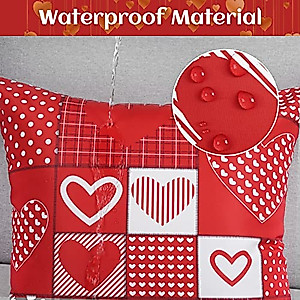 Valentine's Day Pillow Covers 18 x 18 Inch, Set of 2 Red Waterproof Throw Pillow Covers Outdoor, Love Heart Plaid Decorative Cushion Pillow Cases for Anniversary Couch Patio Furniture Bench Bed Sofa