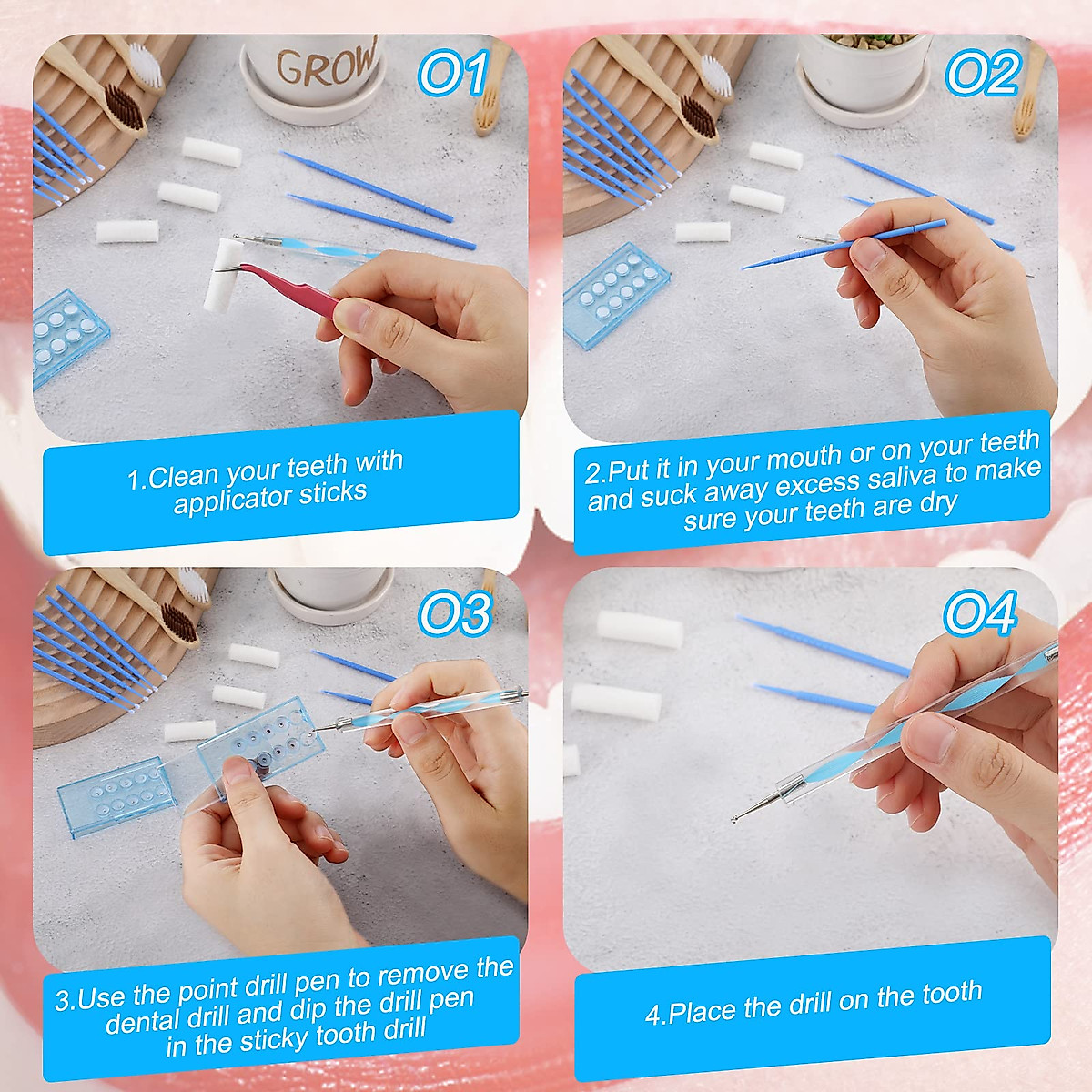 61 Pcs Tooth Gem Kit DIY Teeth Jewelry Dental Teeth Gems Reflective Teeth Diamonds Kit Artificial Crystal Tooth Ornaments Jewel with Applicator Sticks Dot Drill Pen Cotton Sticks(White,Colorful,Blue)