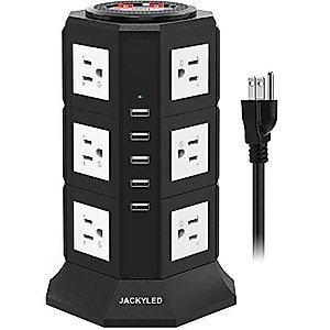 Surge Protector Power Strip Tower JACKYLED 12 AC Outlets 3000W 15A and 5 USB Slots 8A Desktop Smart Charging Station Multiple Protection with Heavy Duty 6.5ft 14 AWG Extension Cord for Home Black