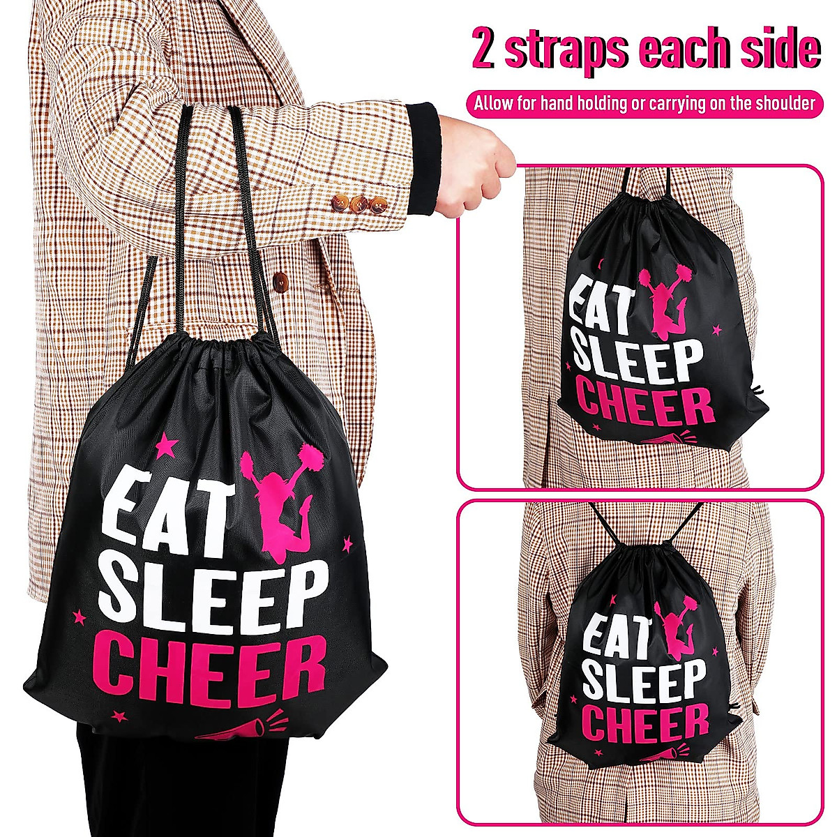 Eccliy 10 Pcs Cheerleaders Drawstring Backpack Bulk Cheer Drawstring Gym Bags Eat Sleep Cheer Gift Bags for Youth Sport Team(Popular Pattern)