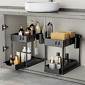2Pcs Under Sink Organizers and Storage, Pull Out Cabinet Organizer 2-Tier Under Sliding Cabinet Basket Organizer Drawer with Hooks, Hanging Cup, Multi-purpose Storage Shelf for Bathroom Kitchen, Black