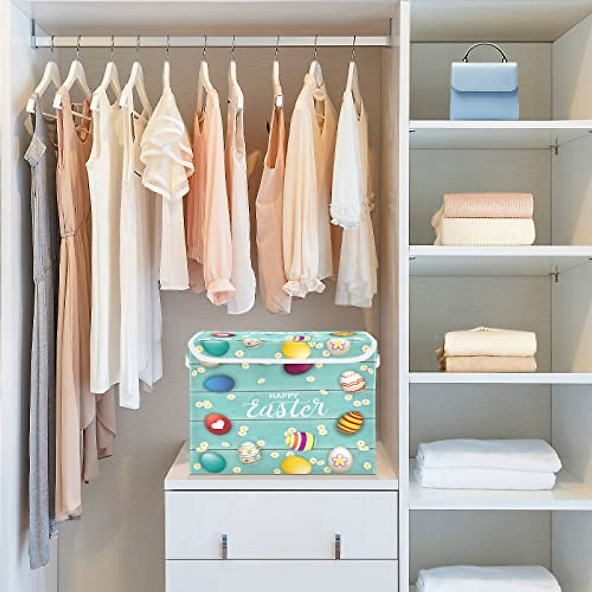 Easter Eggs Daisy Storage Basket 16.5x12.6x11.8 In Collapsible Fabric Storage Cubes Organizer Large Storage Bin with Lids and Handles for Shelves Bedroom Closet Office
