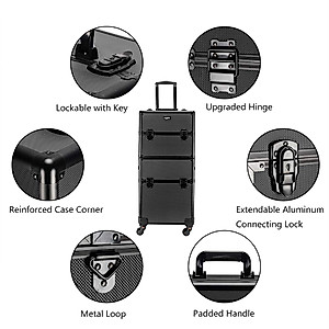 mefeir 2 in 1 Rolling Makeup Train Case, Travel Makeup Organizer Cosmetic Display Case, Aluminum Cosmetology Supply Suitcase on Wheels, Beauty Storage Luggage Lockable w/4 Removable Wheels (Black)