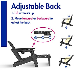 BRIOPAWS Folding Adirondack Chair with Adjustable Backrest & Ottoman, Wood Texture All-Weather HDPE Outdoor Chairs w/Cup Holders & Retractable Footrest for Poolside, Fire Pit, Campfire, Deck, Grey